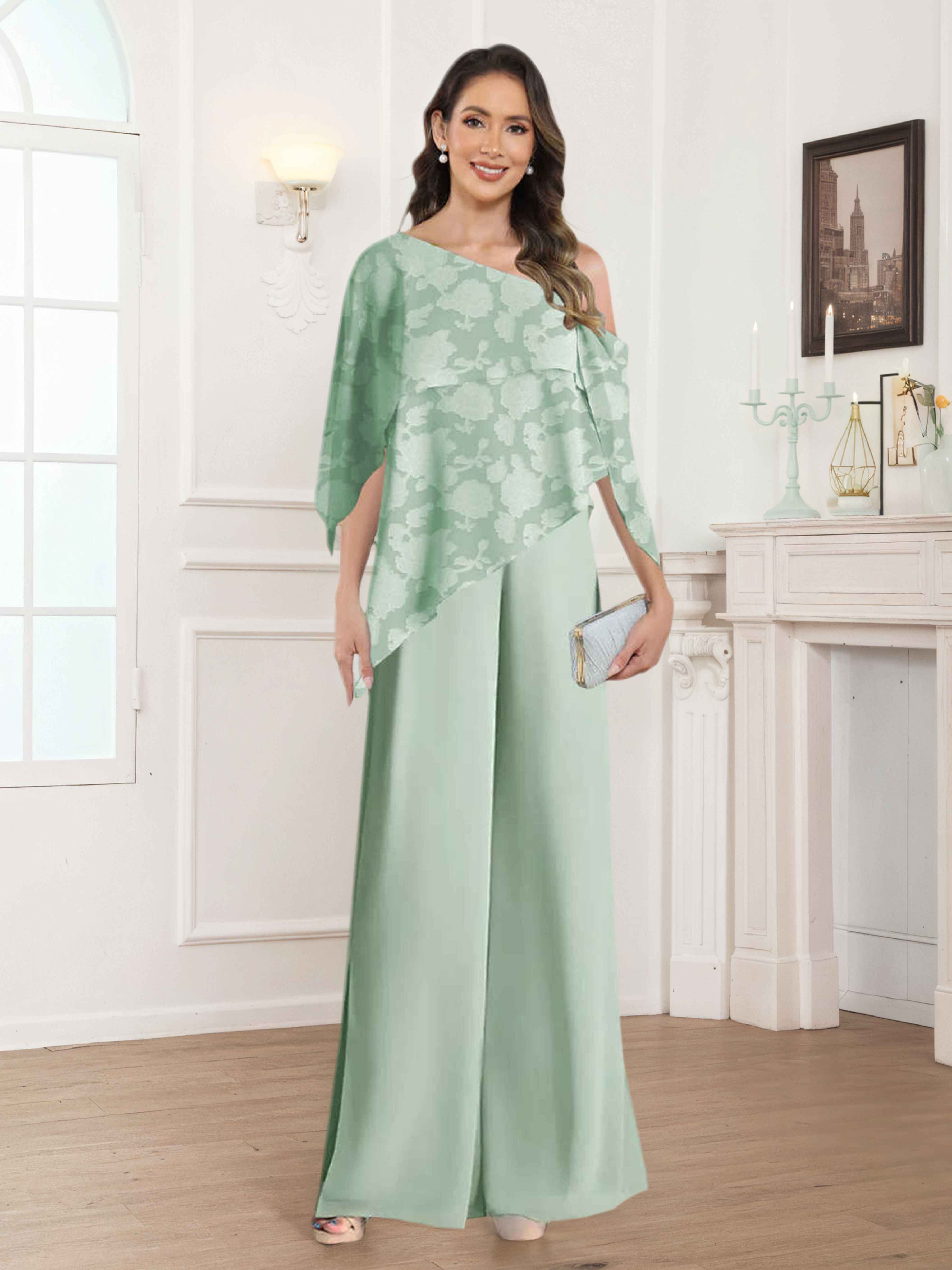 Tailleur-pantalon Mère De La Mariée À Une Épaule Dentelle Jacquard Eld